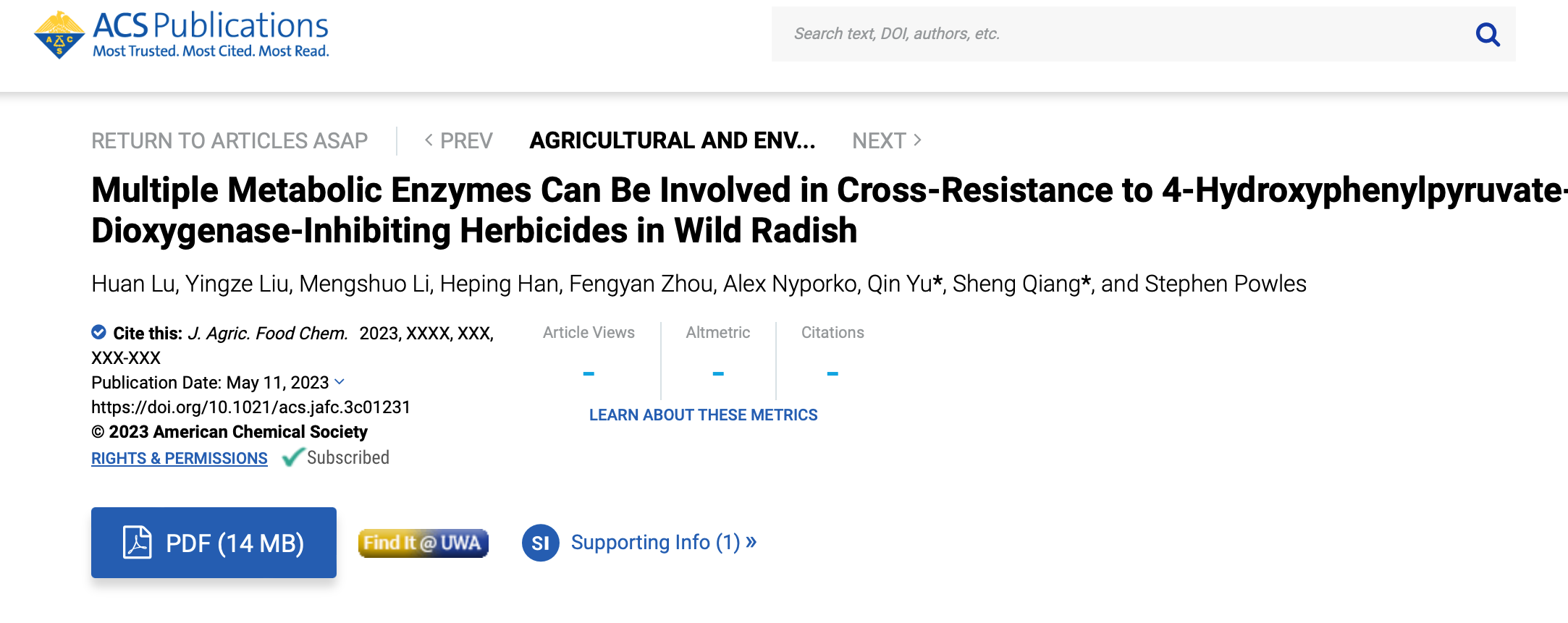 前沿 | 生科院强胜教授团队发表JAFC封面文章揭示野萝卜中多个参与HPPD类除草剂代谢的非靶标基因